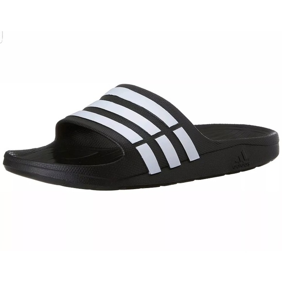 adidas | Shoes | Adidas Duramo Slides Mens Black White 3 Stripe | Poshmark